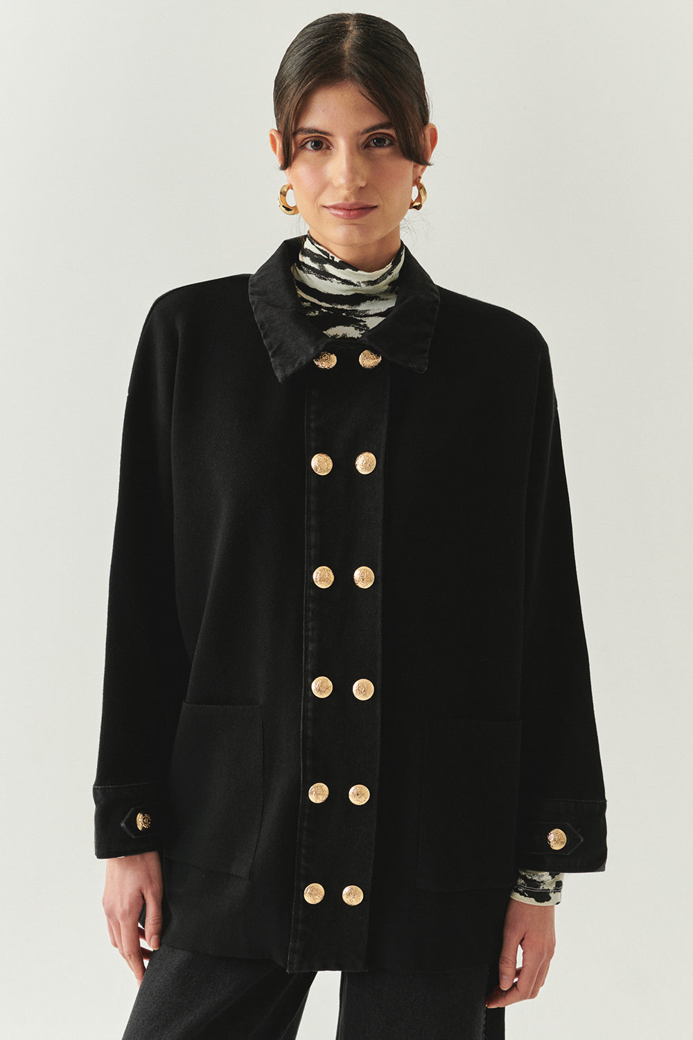 Cielo Denim & Knit Cardigan with Metallic Buttons