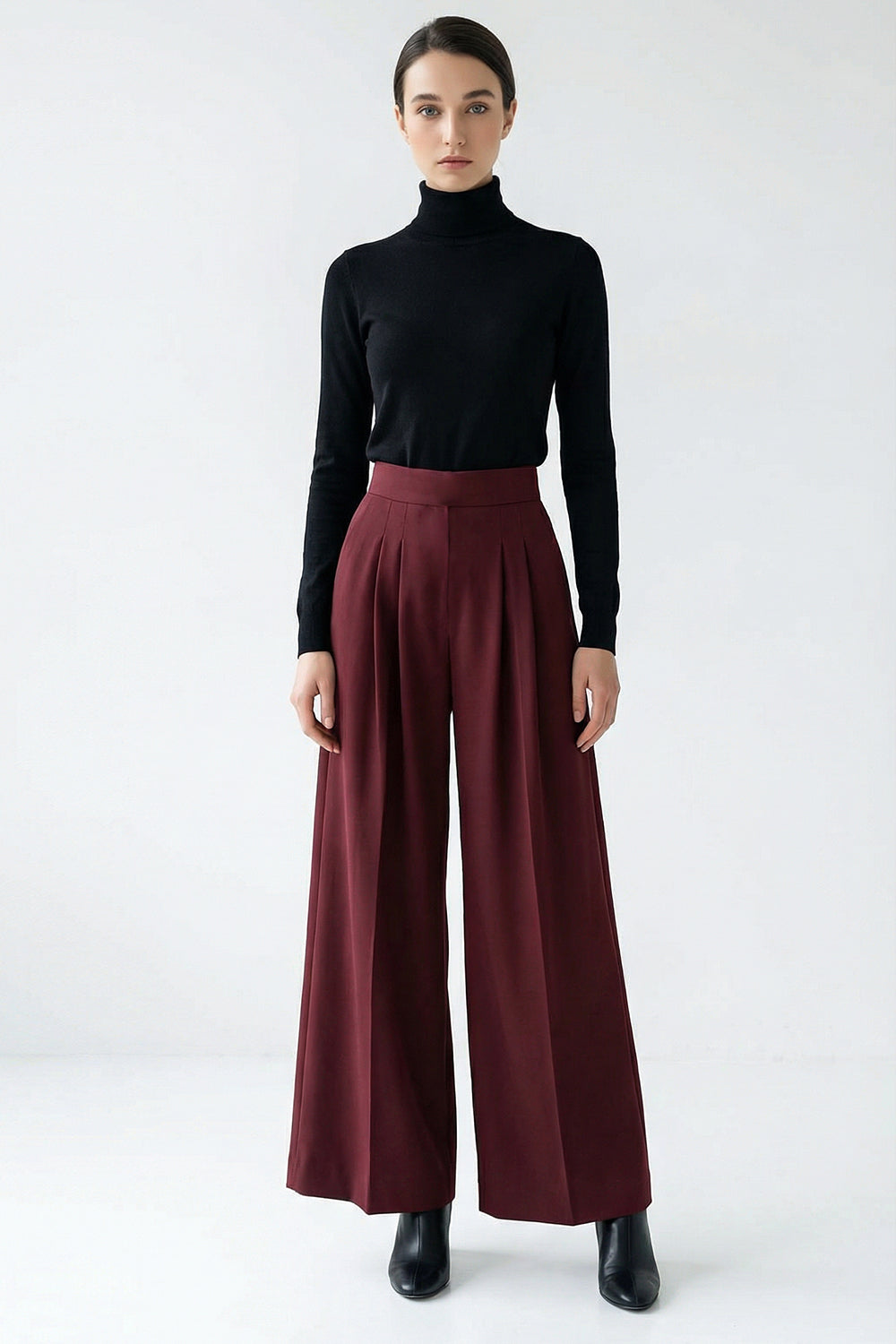 Wide-Leg Back-Pocketed Pants - Red