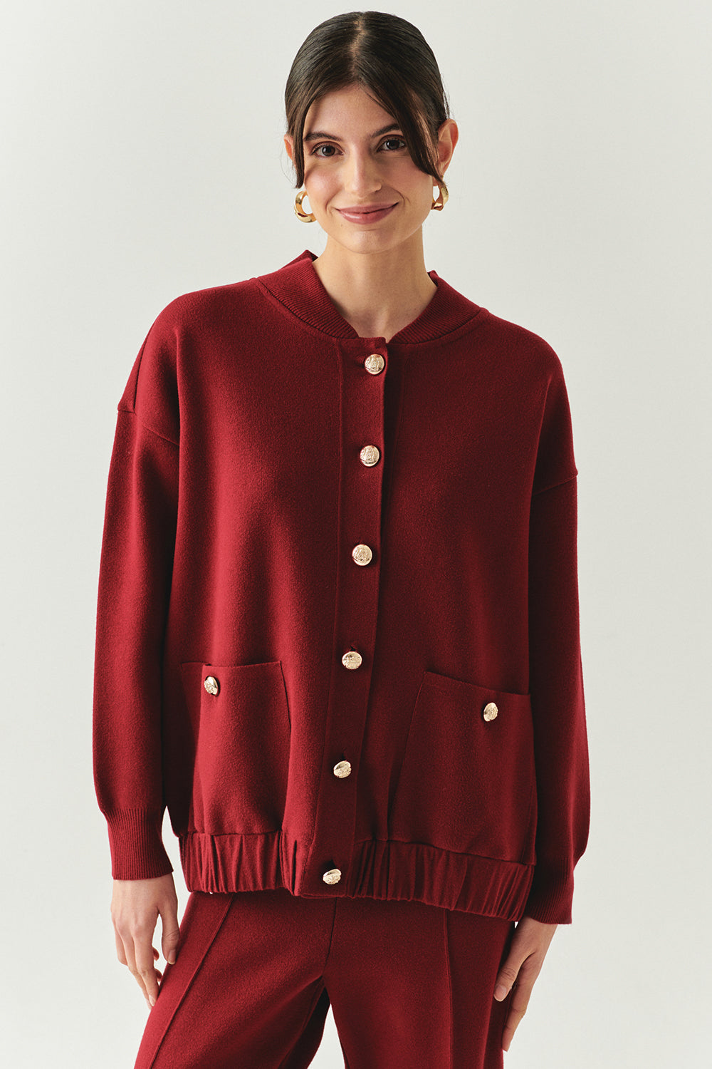 Oversize Crew Neck Knit Cardigan - Red