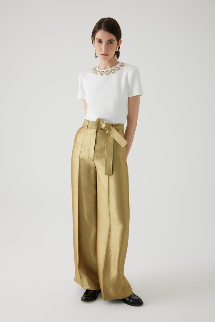 Regular Fit Gold Pants with Waist Tie